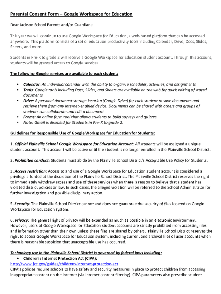 Fillable Online Parental Consent Form Google Workspace for Education ...