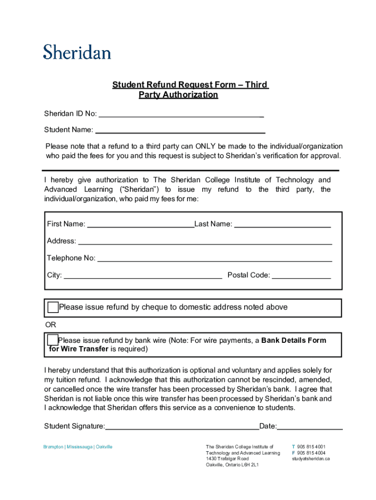 Fillable Online myotr sheridancollege Student Refund Request Form Third ...
