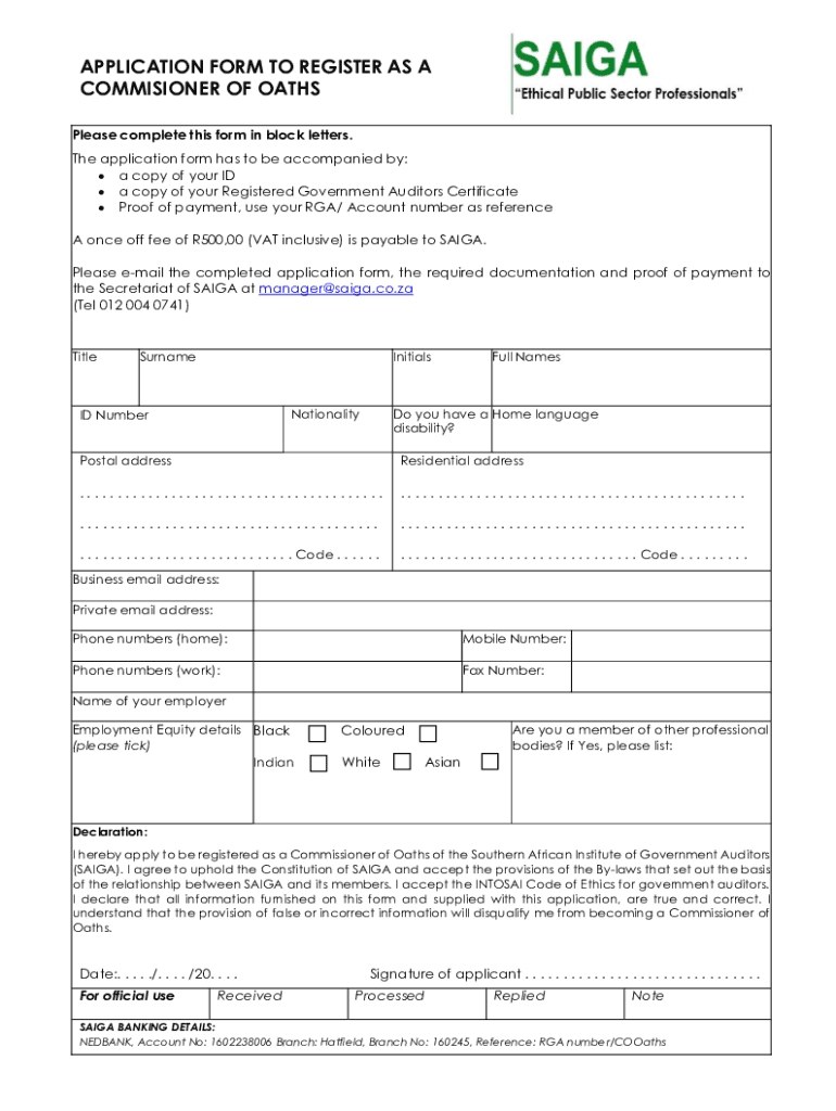 Fillable Online saiga - application form to register as a commisioner ...