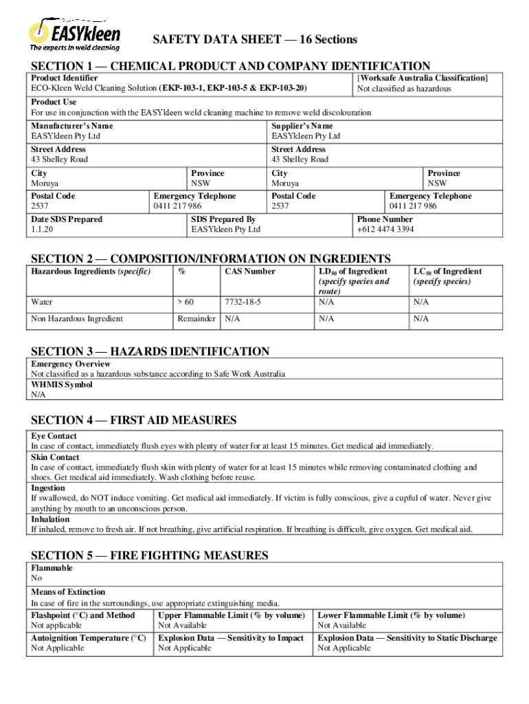 Fillable Online ECO-Kleen Weld Cleaning Solution (EKP-103-1, EKP-103-5 ...