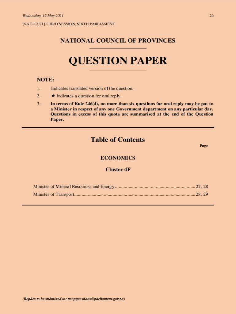 Fillable Online Deputy President David Mabuza Answer Questions in NA ...