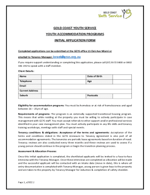 Fillable Online Youth Accommodation Programs INITIAL Application Form ...