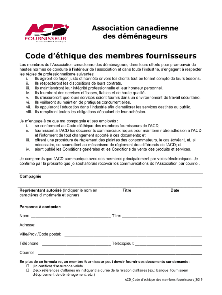 Remplissable En Ligne Code d'thique des membres fournisseurs Fax Email Imprimer - pdfFiller