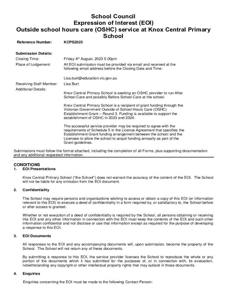 Fillable Online Outside school hours care (OSHC) service at Knox ...