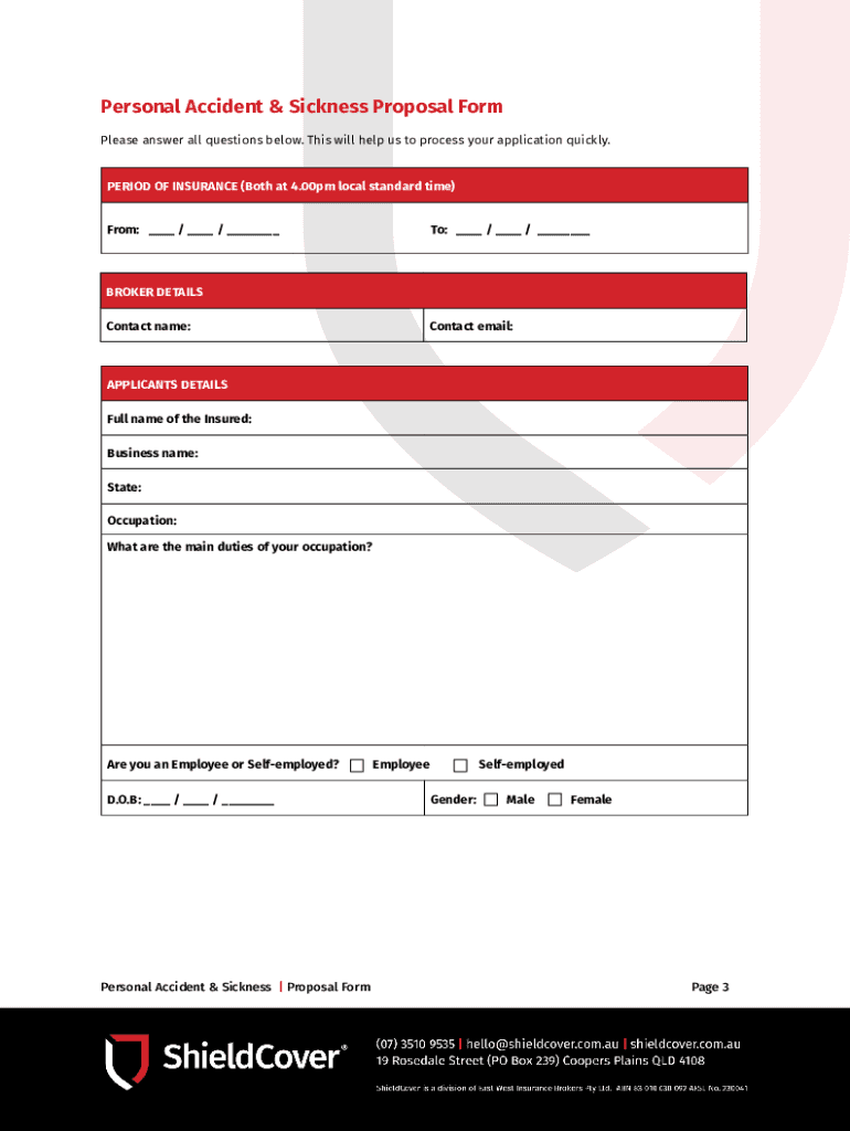 Fillable Online Personal Accident & Sickness Proposal Form Fax Email ...