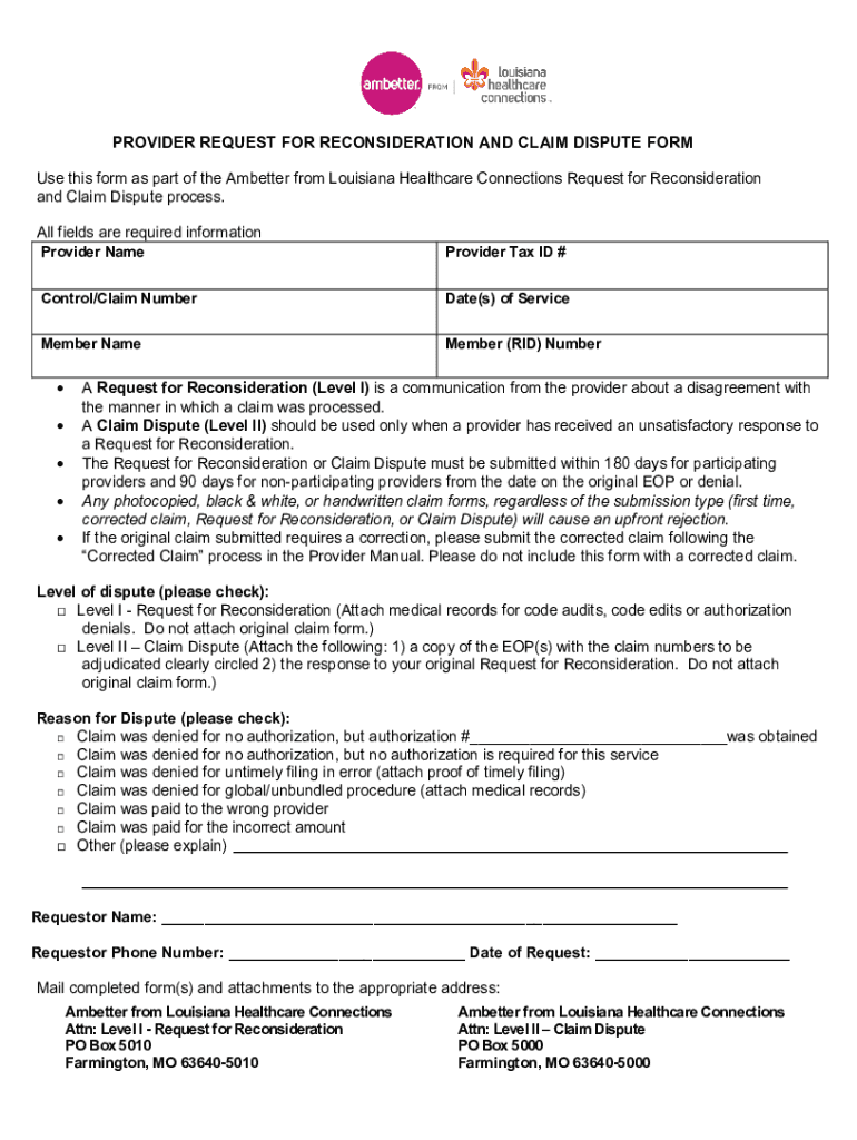 Fillable Online LA-AMB-Provider Request for Reconsideration and Claim ...