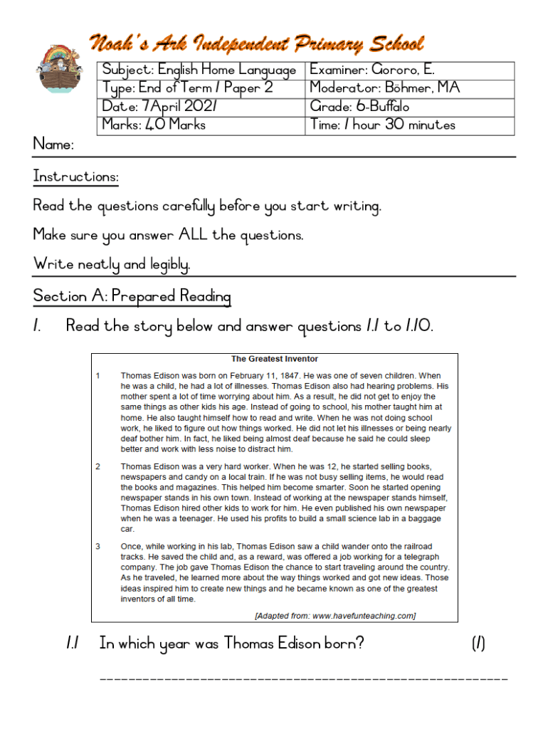 Fillable Online English Home Language Mock Exam Paper 2 Grade 6 1. ... Fax Email Print - pdfFiller