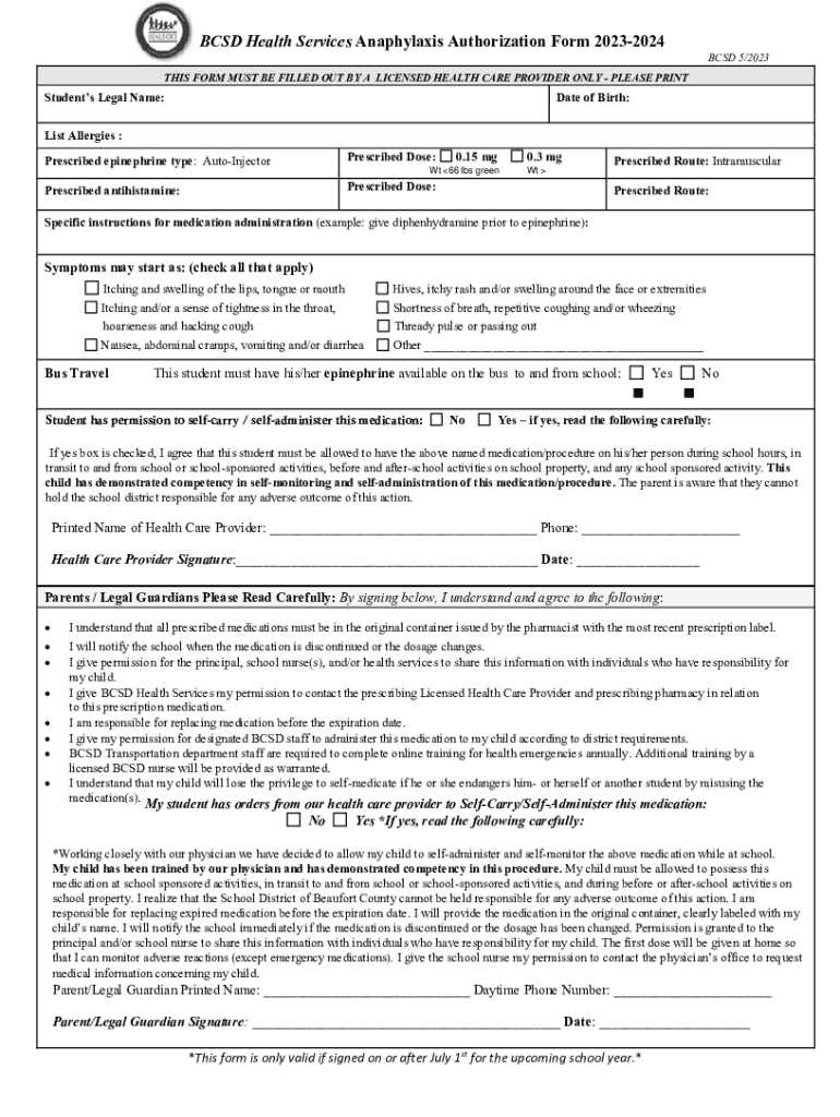 Fillable Online BCSD Health Services Anaphylaxis Authorization Form ...