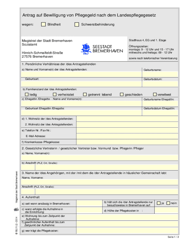 Ausfüllbar Online Antrag auf Bewilligung von Pflegegeld nach dem LPG ...