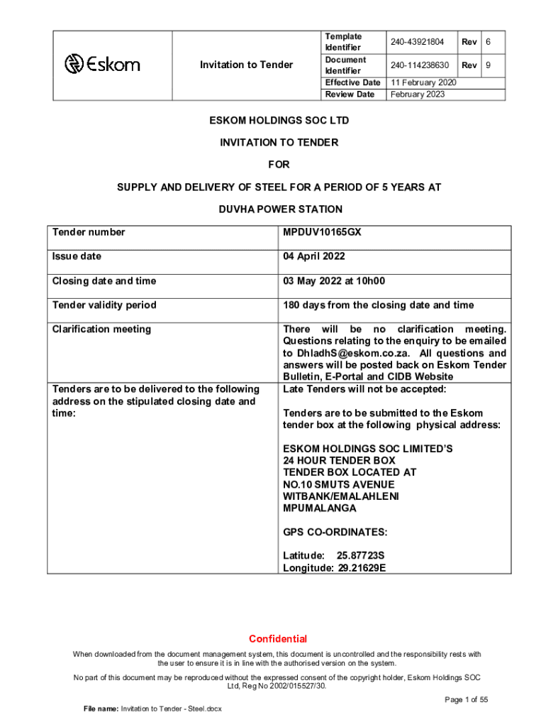 Fillable Online Invitation to Tender Confidential FESKOM HOLDINGS SOC ...
