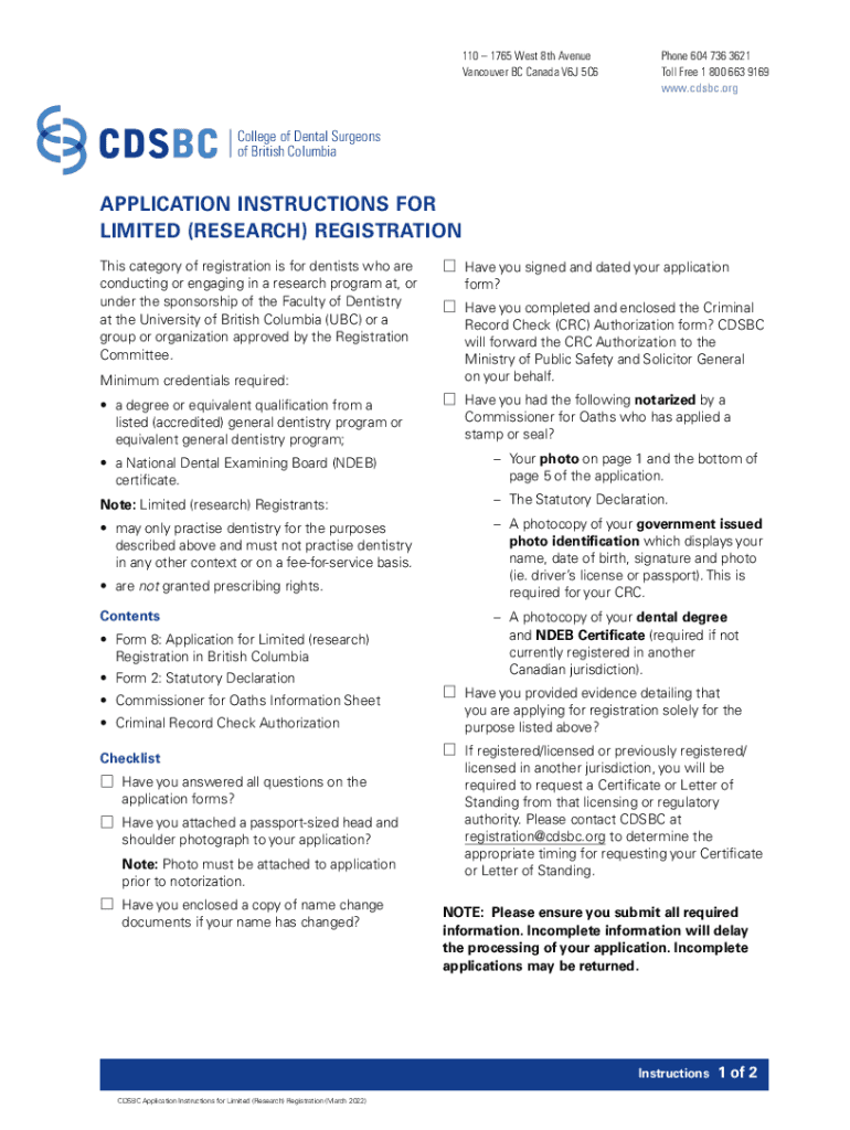 Fillable Online APPLICATION INSTRUCTIONS FOR LIMITED (RESEARCH) ... Fax ...