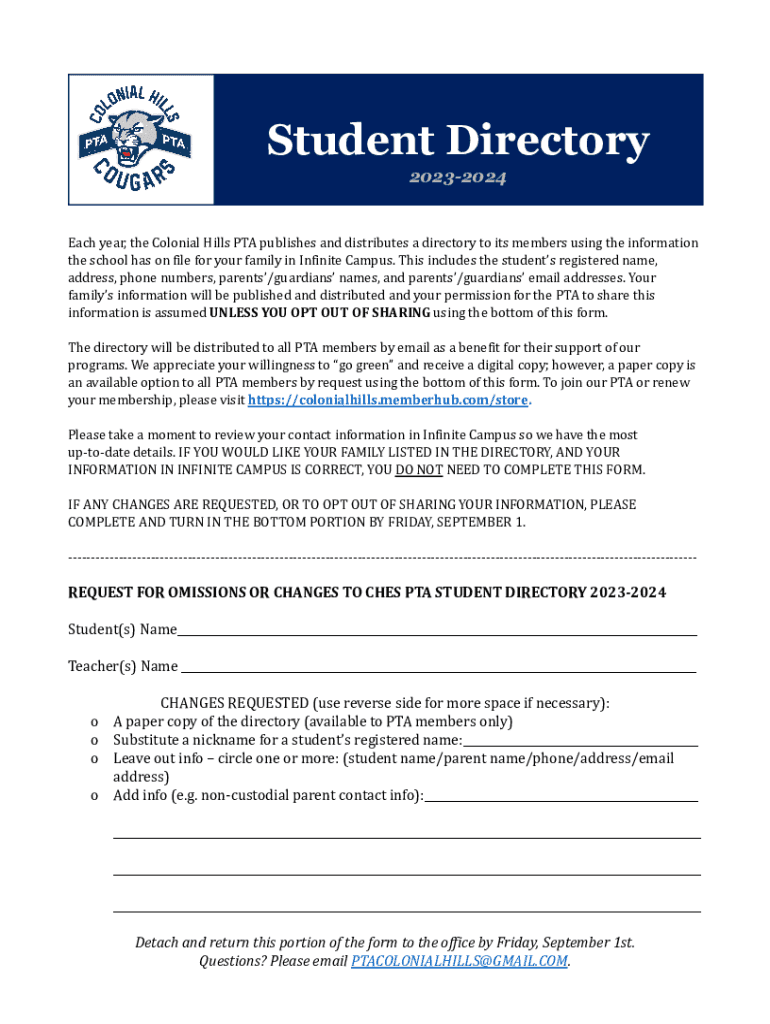 Fillable Online Colonial Hills Student Directory Fax Email Print ...