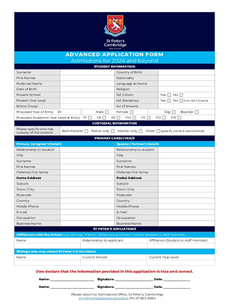 Fillable Online ADVANCED APPLICATION FORM Admissions for 2024 ... Fax Email Print - pdfFiller