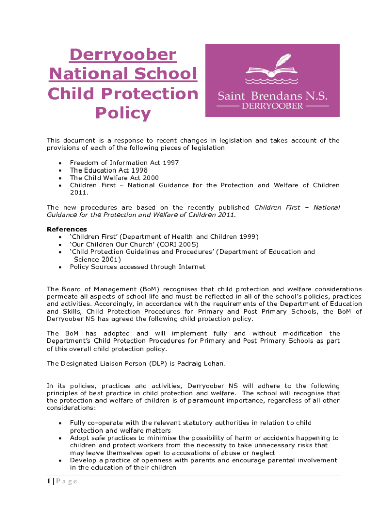 Fillable Online Derryoober National School Child Protection Policy Fax ...