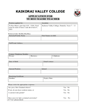 Fillable Online Application for Te Reo Maori Teacher Fax Email Print ...