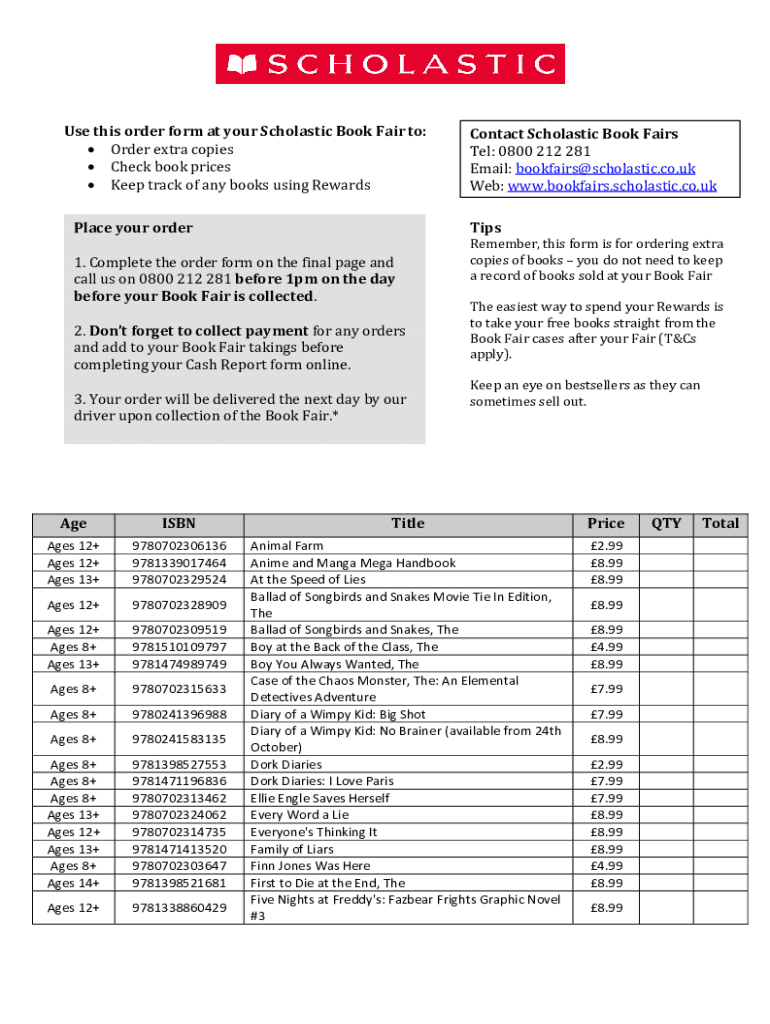 Fillable Online In praise of the Scholastic book orders at school Fax ...