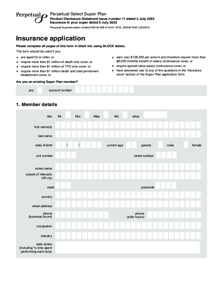 Fillable Online Perpetual Select Super Plan Insurance in your super Fax ...