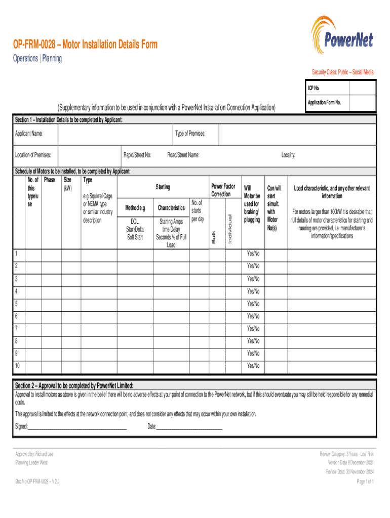 Fillable Online powernet co OP-FRM-0028 Motor Installation Details Form ...
