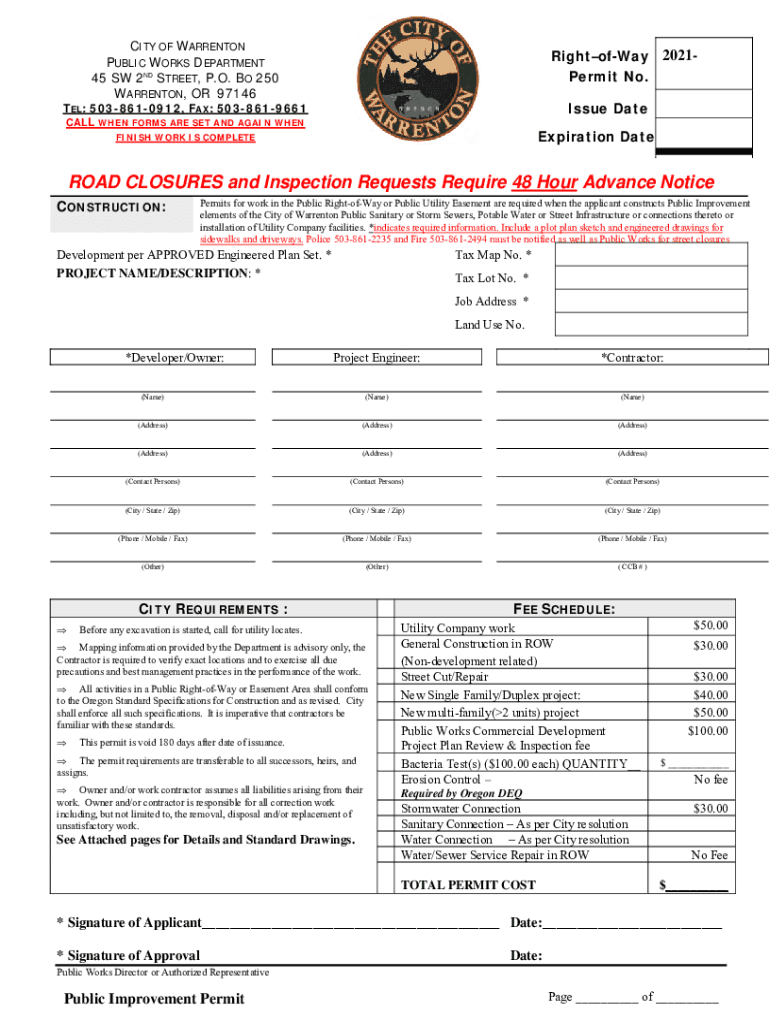 Fillable Online ROAD CLOSURES and Inspection Requests ... - City of Warrenton Fax Email Print ...