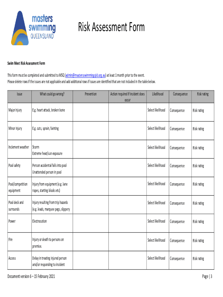 Fillable Online mastersswimmingqld org Clubs and Societies Risk ...