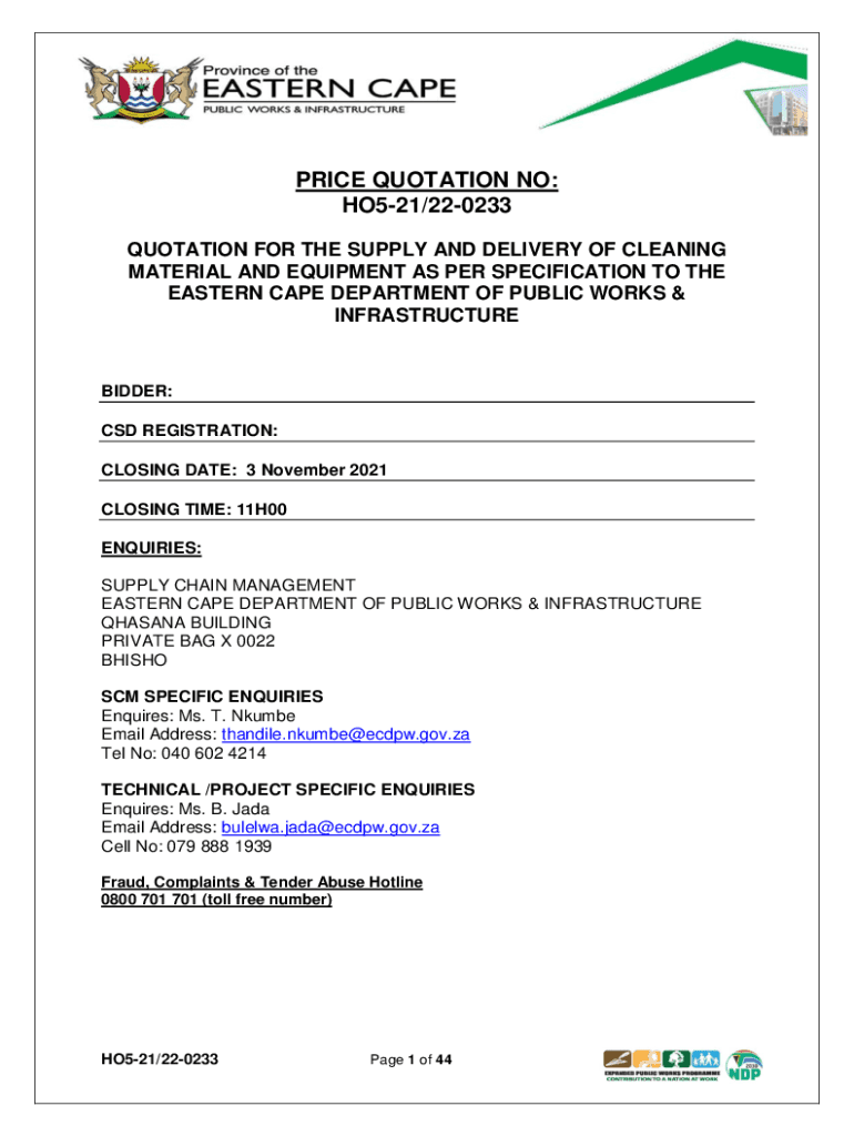Fillable Online Quotation for the Supply and Delivery of Cleaning ...