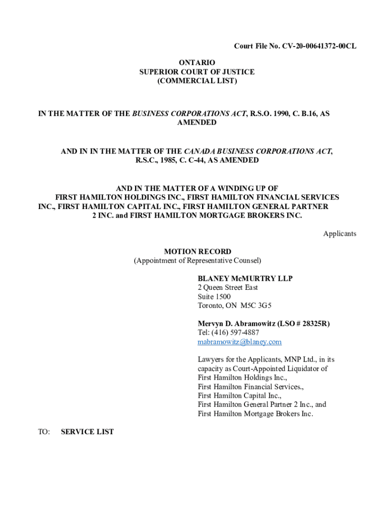 Fillable Online representative-counsel-motion-record-of-the-investor ...