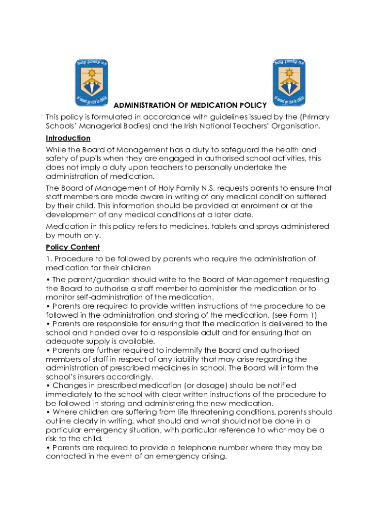 Fillable Online Administration of medication policy - the holy family ...