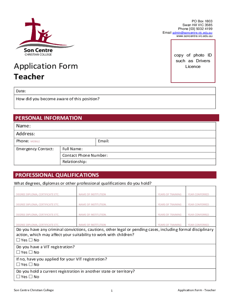 Fillable Online Application Form Teacher - Swan Hill Fax Email Print ...