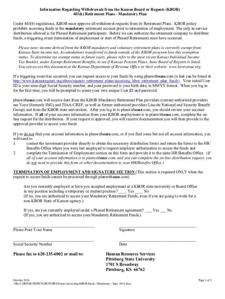 Fillable Online Accessing KBOR Plan Funds - Human Resource Management Fax Email Print - pdfFiller