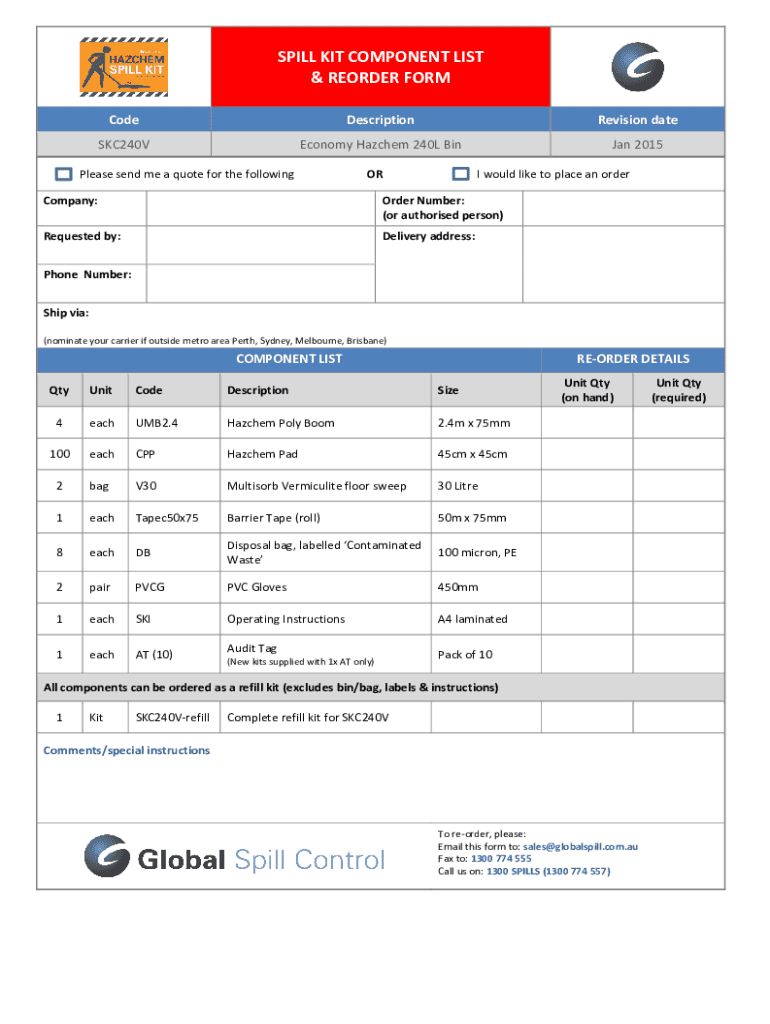 Fillable Online spillcontrol co SKC240V Spill Kit Reorder Form Fax ...