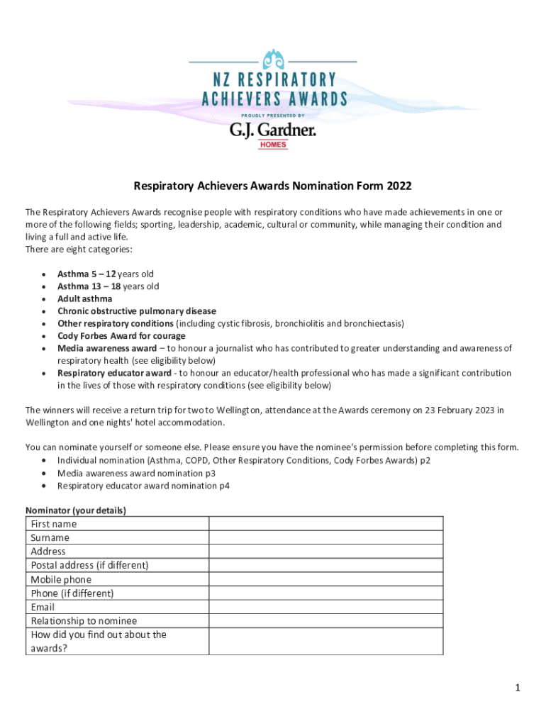 Fillable Online Respiratory Achievers Awards Nomination Form 2022 Fax ...
