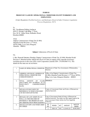 Fillable Online ibbi gov FORM B PROOF OF CLAIM BY OPERATIONAL ... Fax ...