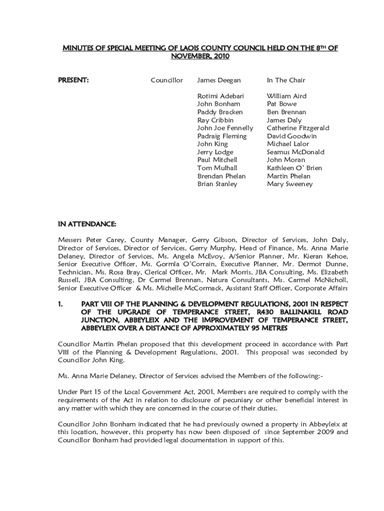 Fillable Online in aras an chontae, portlaoise, on the 26 Fax Email ...