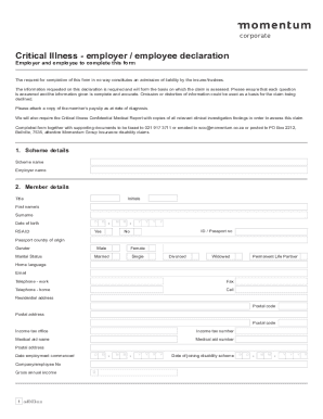 Fillable Online Critical Illness - employer / employee declaration ...