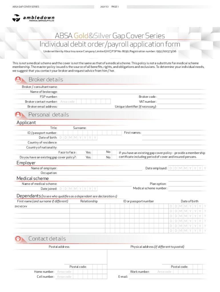 Fillable Online ABSA Gold&SilverGap Cover Series Individual debit order ...