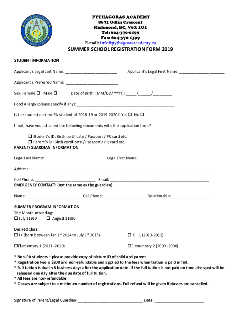 Fillable Online Pythagoras Academy: JK to Grade 8 Private School Fax ...