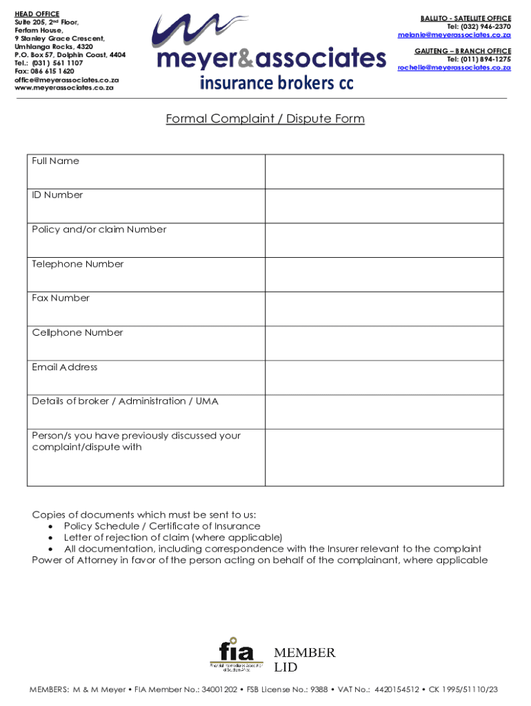 Fillable Online Formal Complaint / Dispute Form - Meyer Associates Fax ...