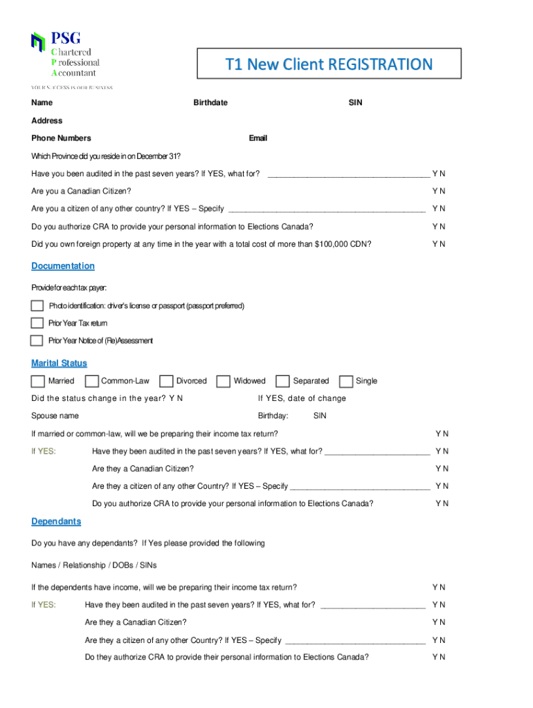 Fillable Online T1 New Client REGISTRATION FORM - PSG - PSG Fax Email ...
