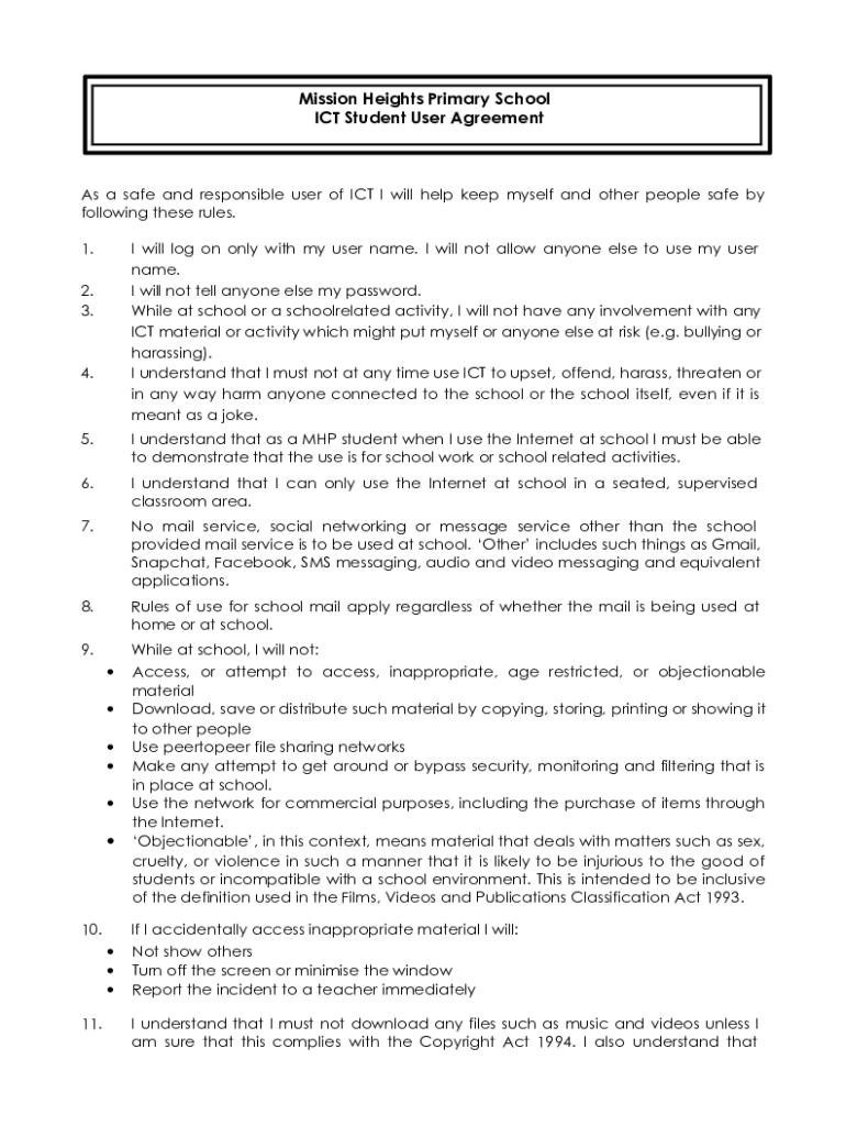 Fillable Online Mission Heights Primary School ICT Student User Agreement Fax Email Print ...