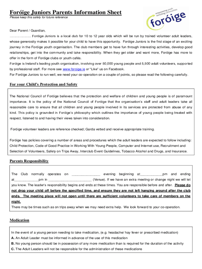 Fillable Online Forige Juniors Parents Information Sheet Fax Email ...