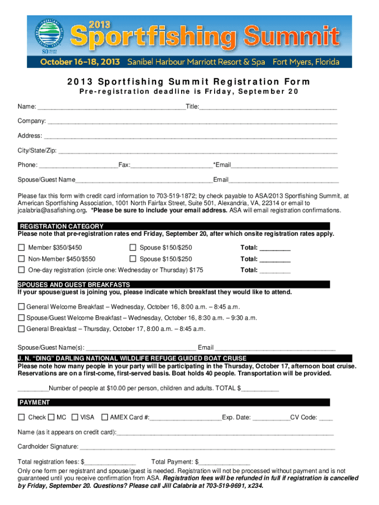 Fillable Online 2013 Sportfishing Summit Registration Form Fax Email ...