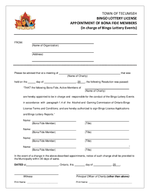 Fillable Online Bingo Lottery License appointment of bona Fide members ...