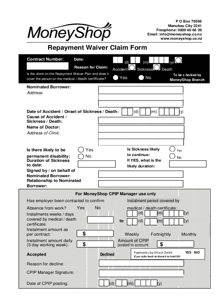 Fillable Online Repayment Waiver Claim Form - MoneyShop Fax Email Print ...