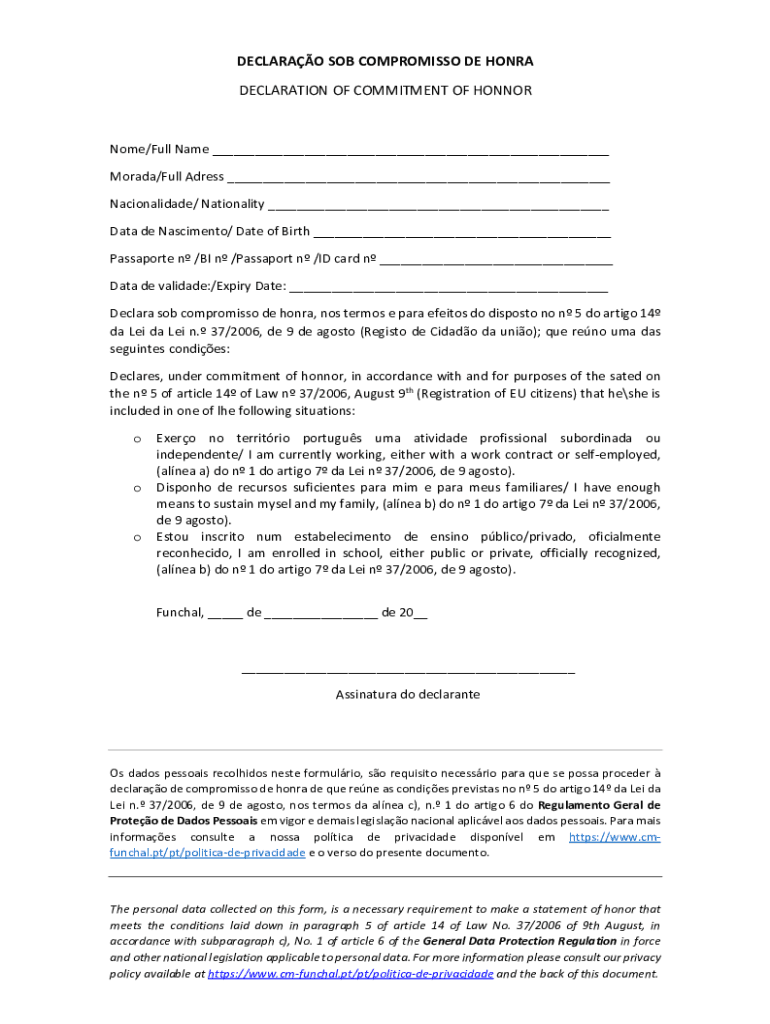 Preenchível Disponível declaro sob compromisso de honra - English ...