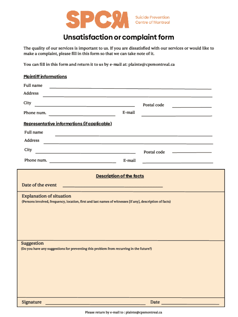 Fillable Online Unsatisfactions and complaints form Fax Email Print - pdfFiller