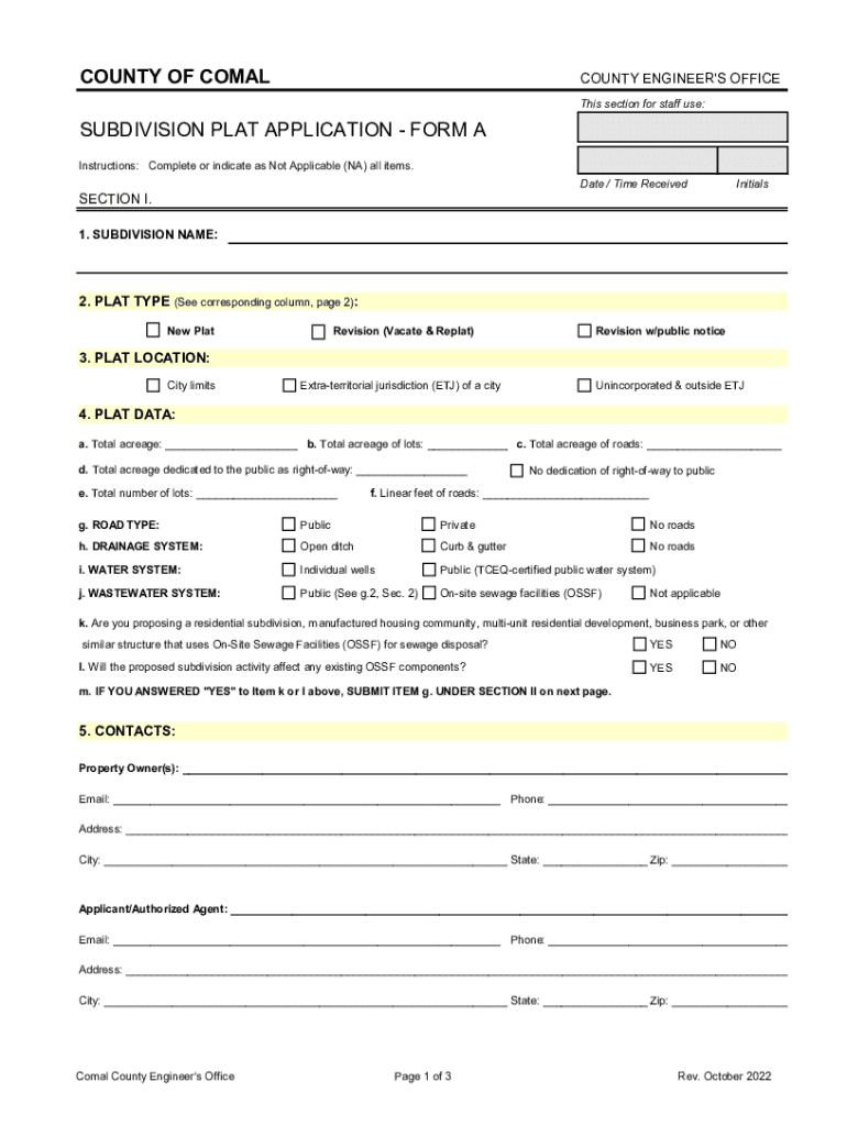 Fillable Online COUNTY OF COMAL SUBDIVISION PLAT APPLICATION Fax Email ...