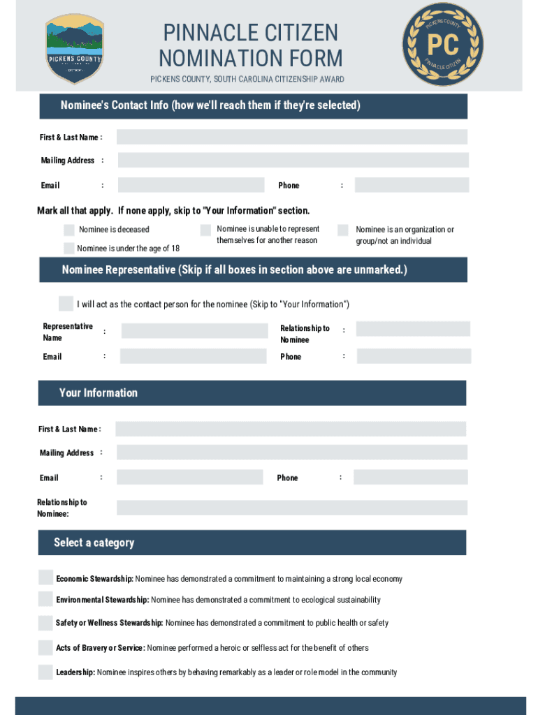 Fillable Online PINNACLE CITIZEN NOMINATION FORM Fax Email Print ...