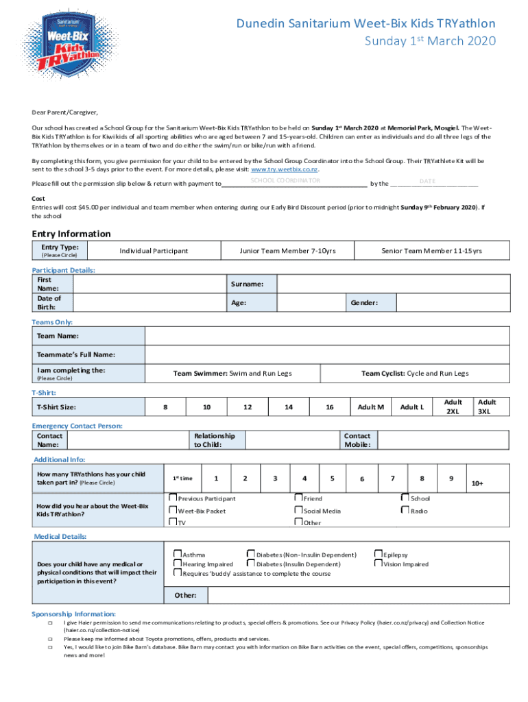 Fillable Online Dunedin Sanitarium Weet-Bix Kids TRYathlon Sunday 1st ...
