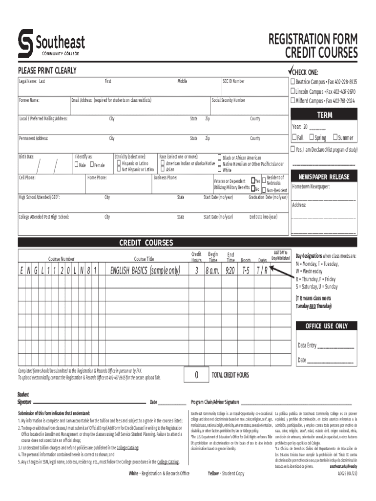 Fillable Online REGISTRATION FORMCREDIT COURSES - SCC Help Desk Fax ...
