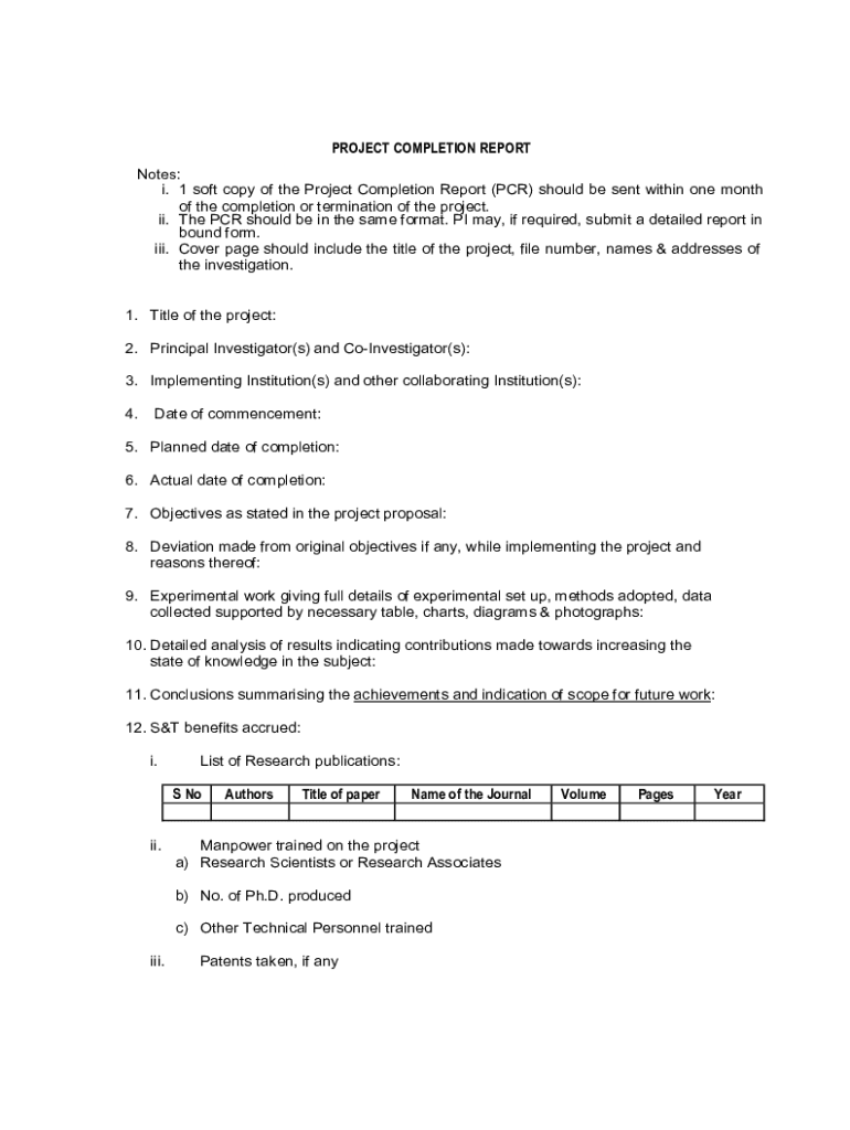 Fillable Online dst gov Project Completion Report (PCR) template Fax ...